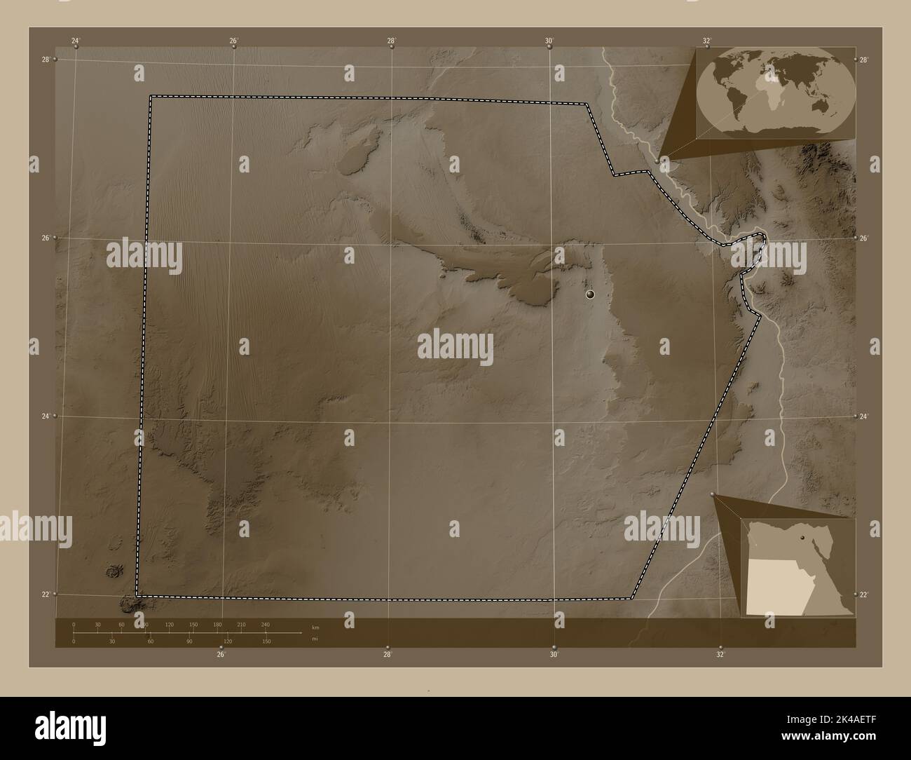 Al Wadi al Jadid, governorate of Egypt. Elevation map colored in sepia ...