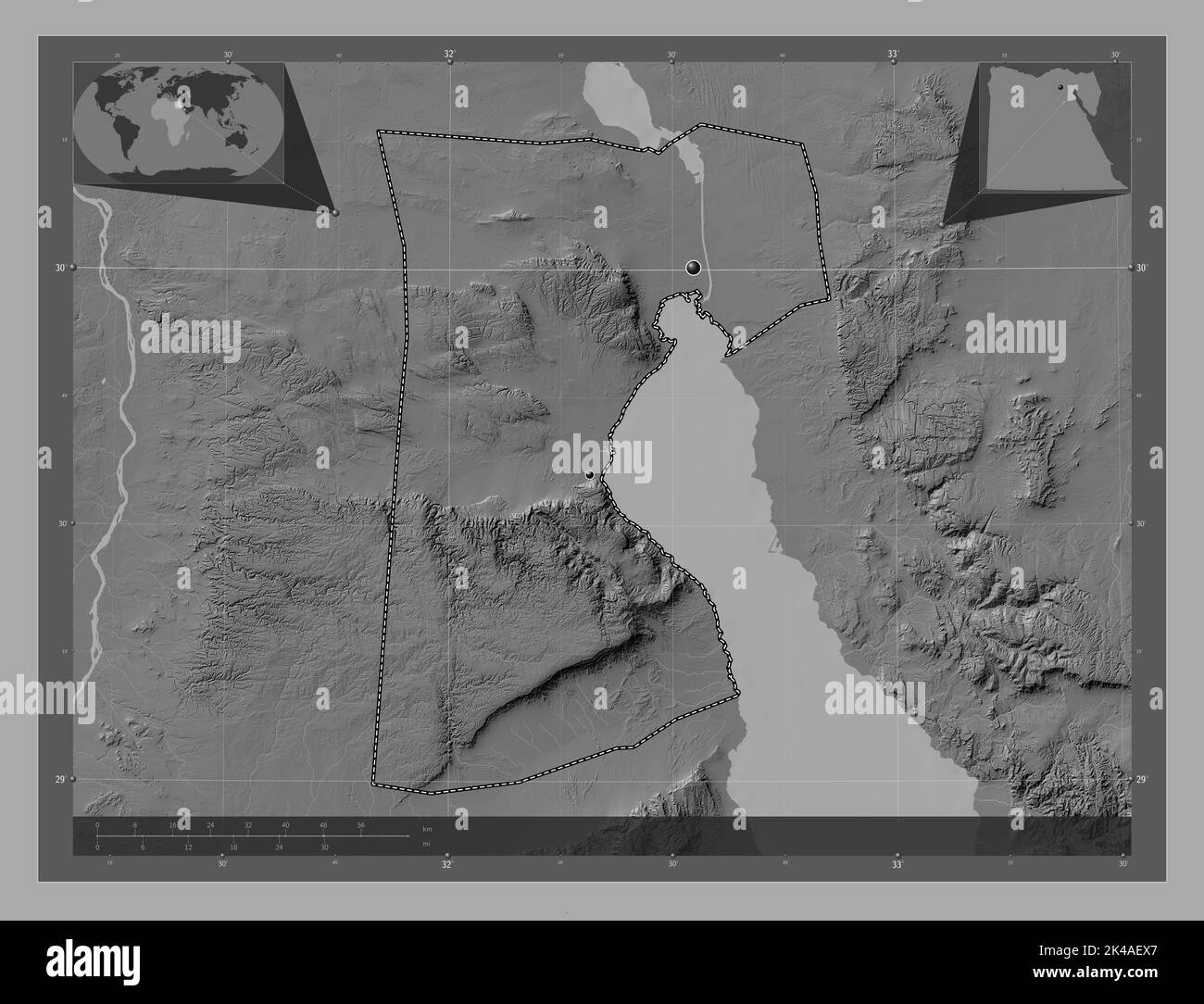 As Suways, governorate of Egypt. Bilevel elevation map with lakes and ...