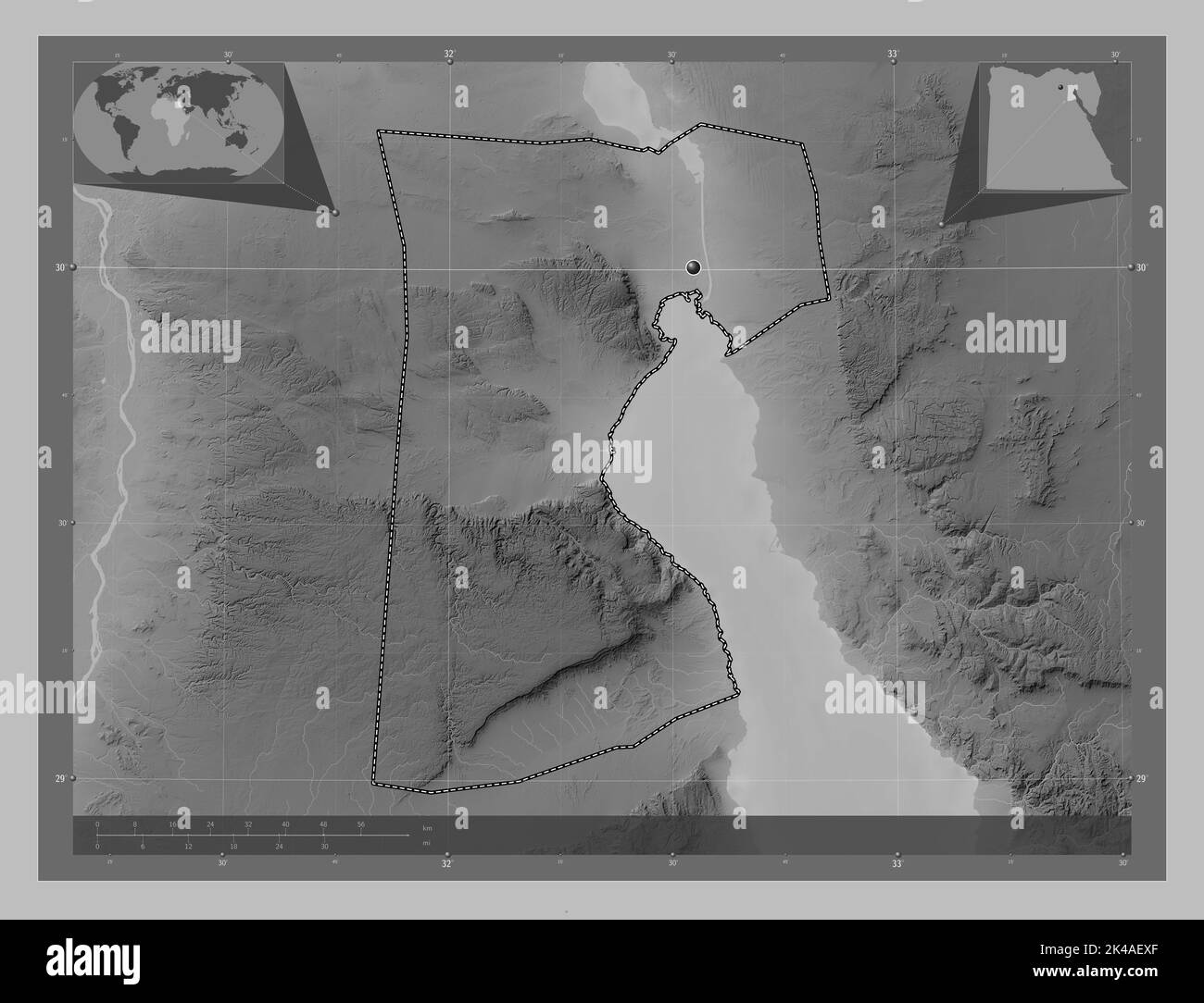 As Suways, governorate of Egypt. Grayscale elevation map with lakes and ...