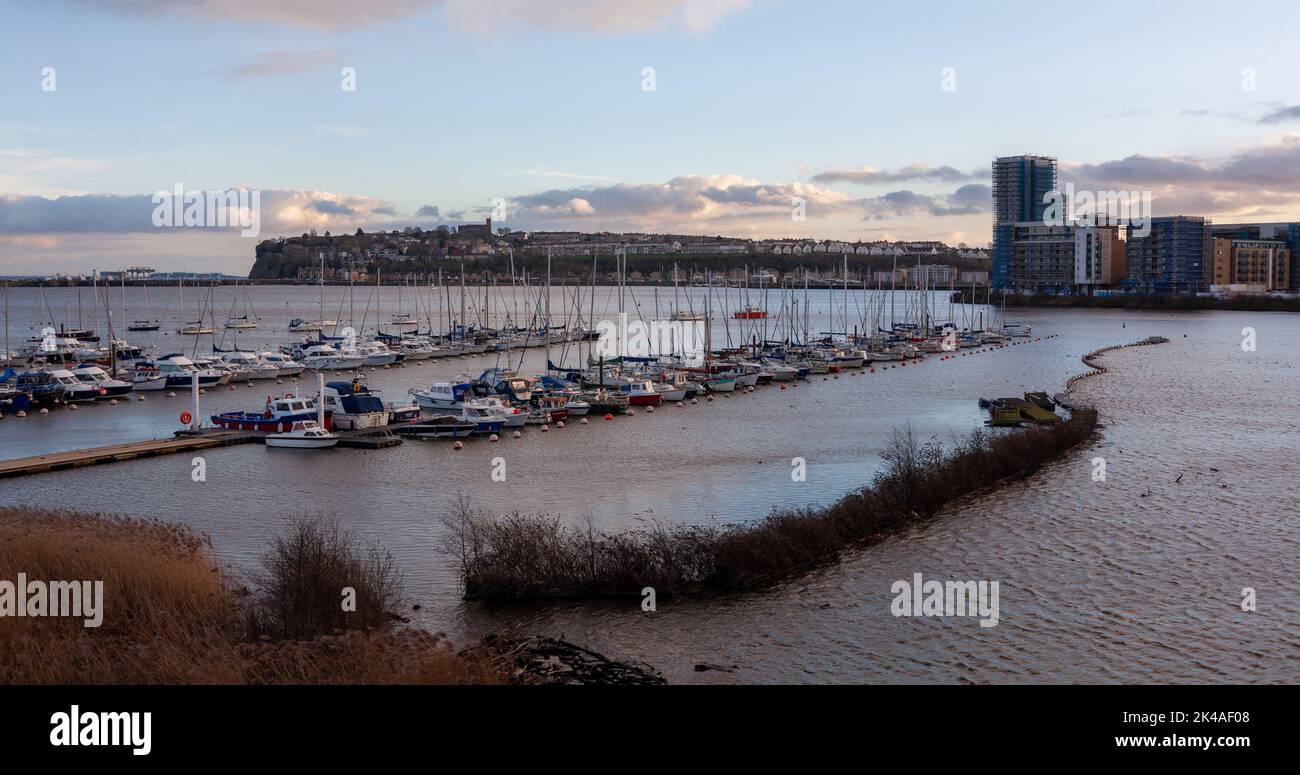 a high angle shot of Cardiff Bay with ships in the evening Stock Photo ...