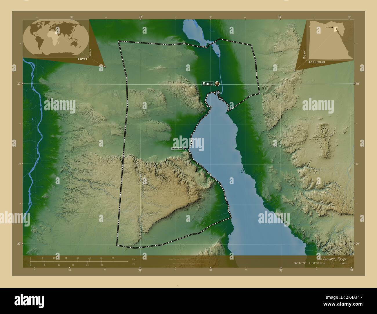 As Suways, governorate of Egypt. Colored elevation map with lakes and ...