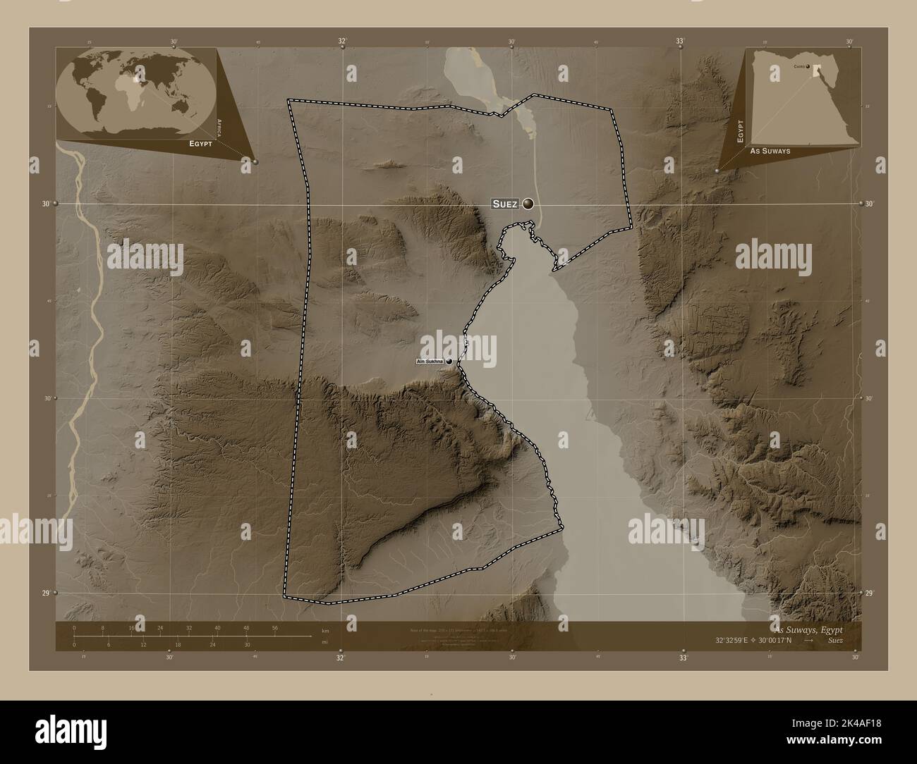 As Suways, governorate of Egypt. Elevation map colored in sepia tones ...