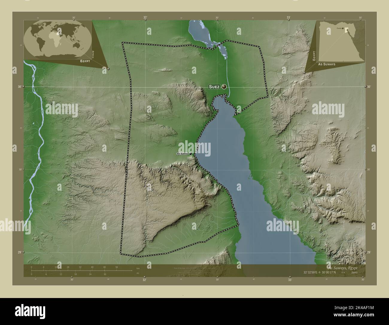 As Suways, governorate of Egypt. Elevation map colored in wiki style ...