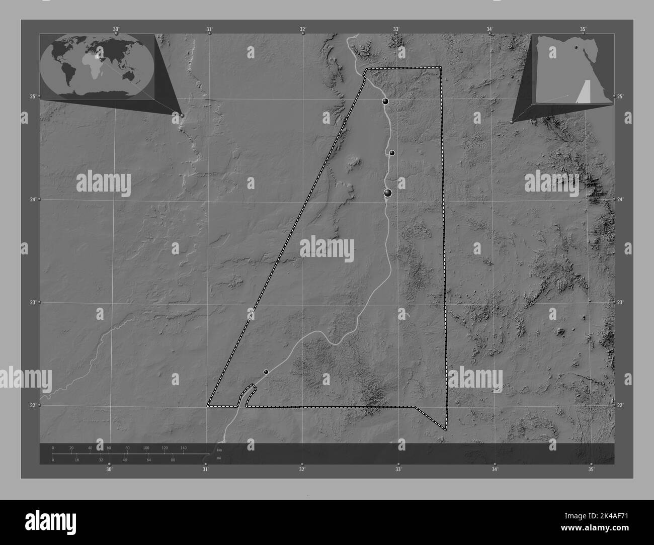 Aswan, governorate of Egypt. Bilevel elevation map with lakes and ...