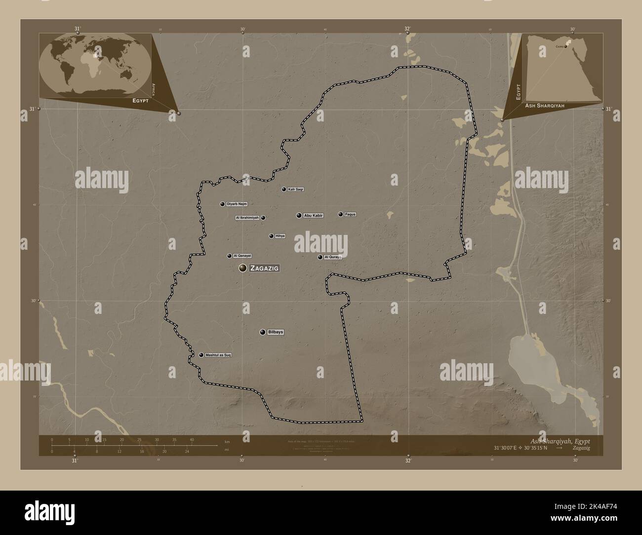 Ash Sharqiyah, governorate of Egypt. Elevation map colored in sepia ...