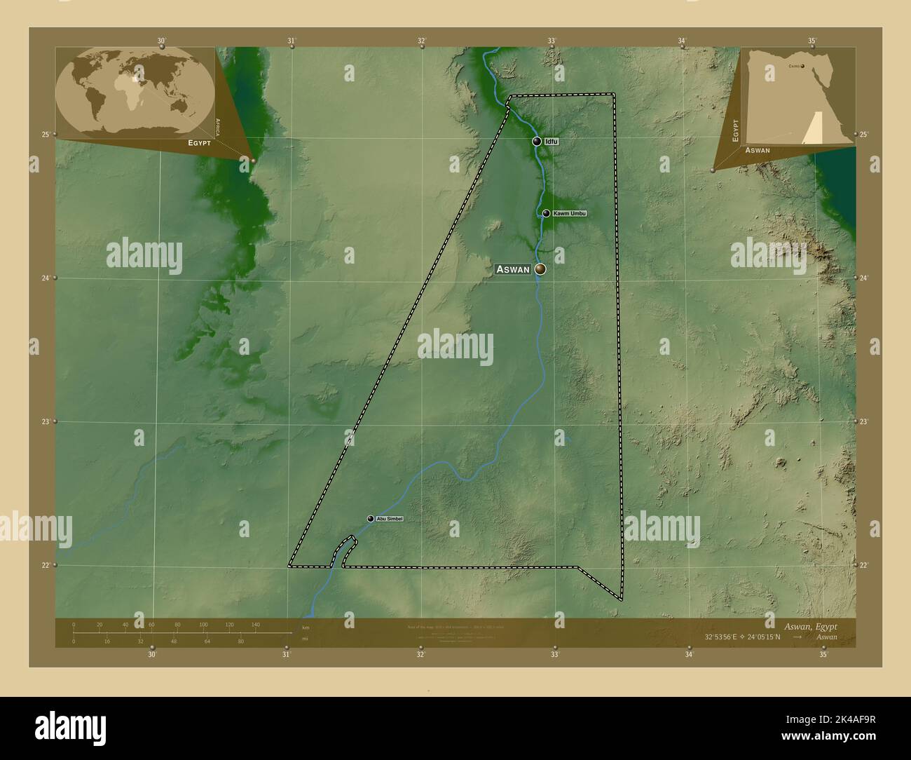 Aswan, governorate of Egypt. Colored elevation map with lakes and ...