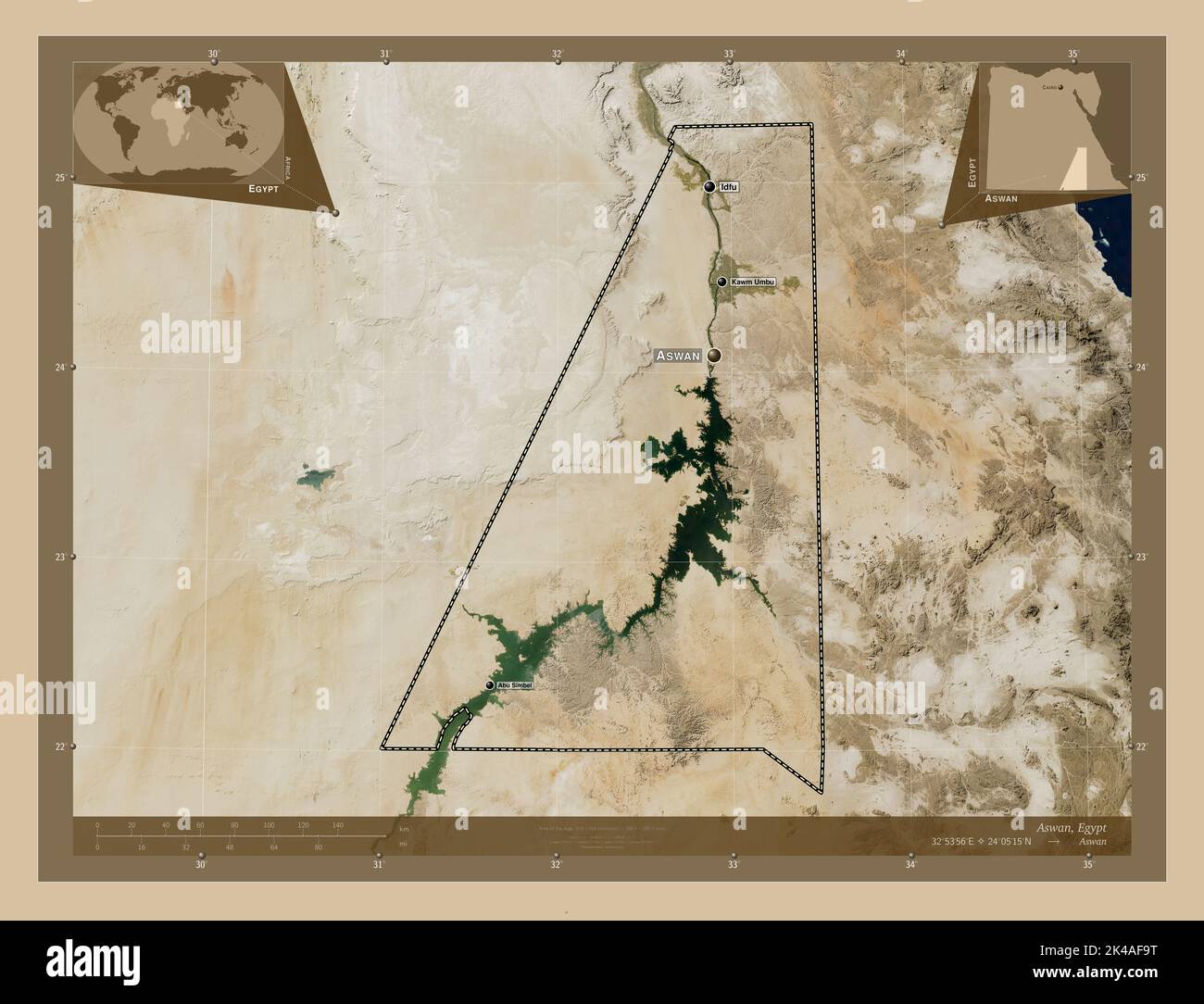 Aswan, governorate of Egypt. Low resolution satellite map. Locations ...