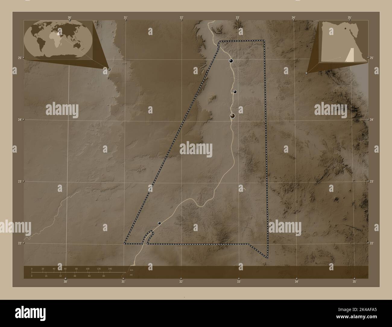 Aswan, governorate of Egypt. Elevation map colored in sepia tones with ...