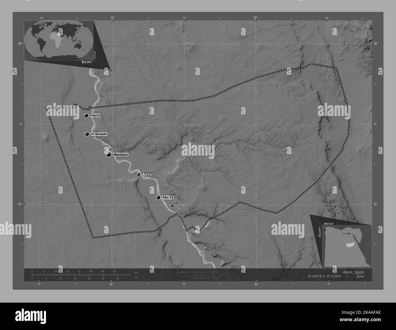 Asyut, governorate of Egypt. Bilevel elevation map with lakes and ...