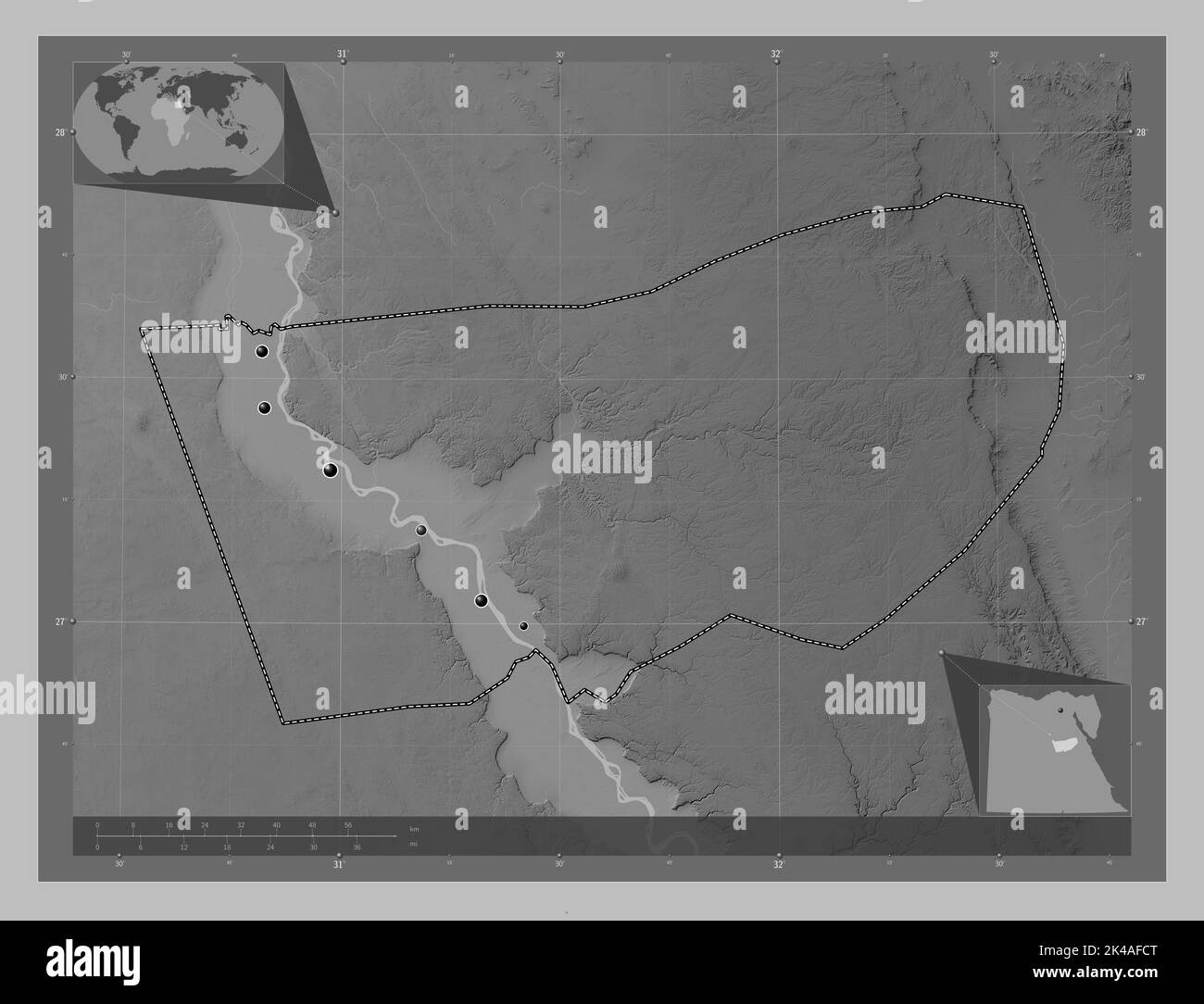 Asyut, governorate of Egypt. Grayscale elevation map with lakes and ...
