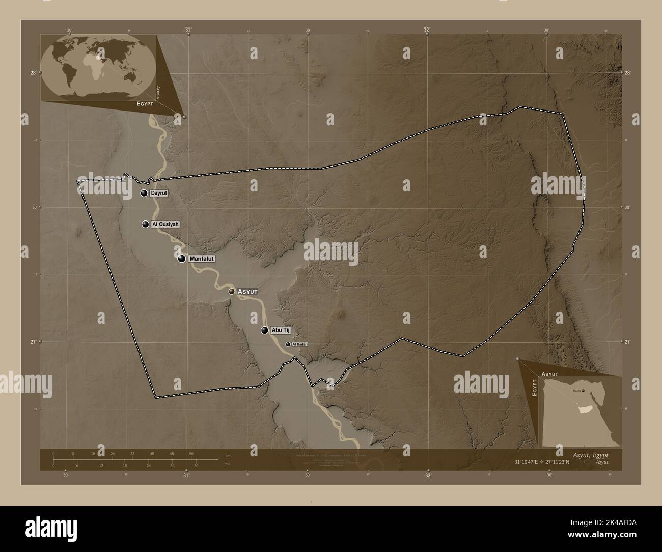 Asyut, governorate of Egypt. Elevation map colored in sepia tones with ...
