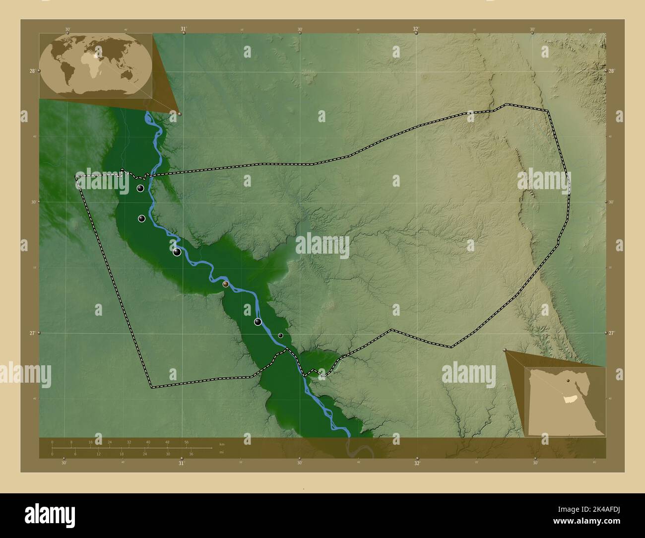 Asyut, governorate of Egypt. Colored elevation map with lakes and ...