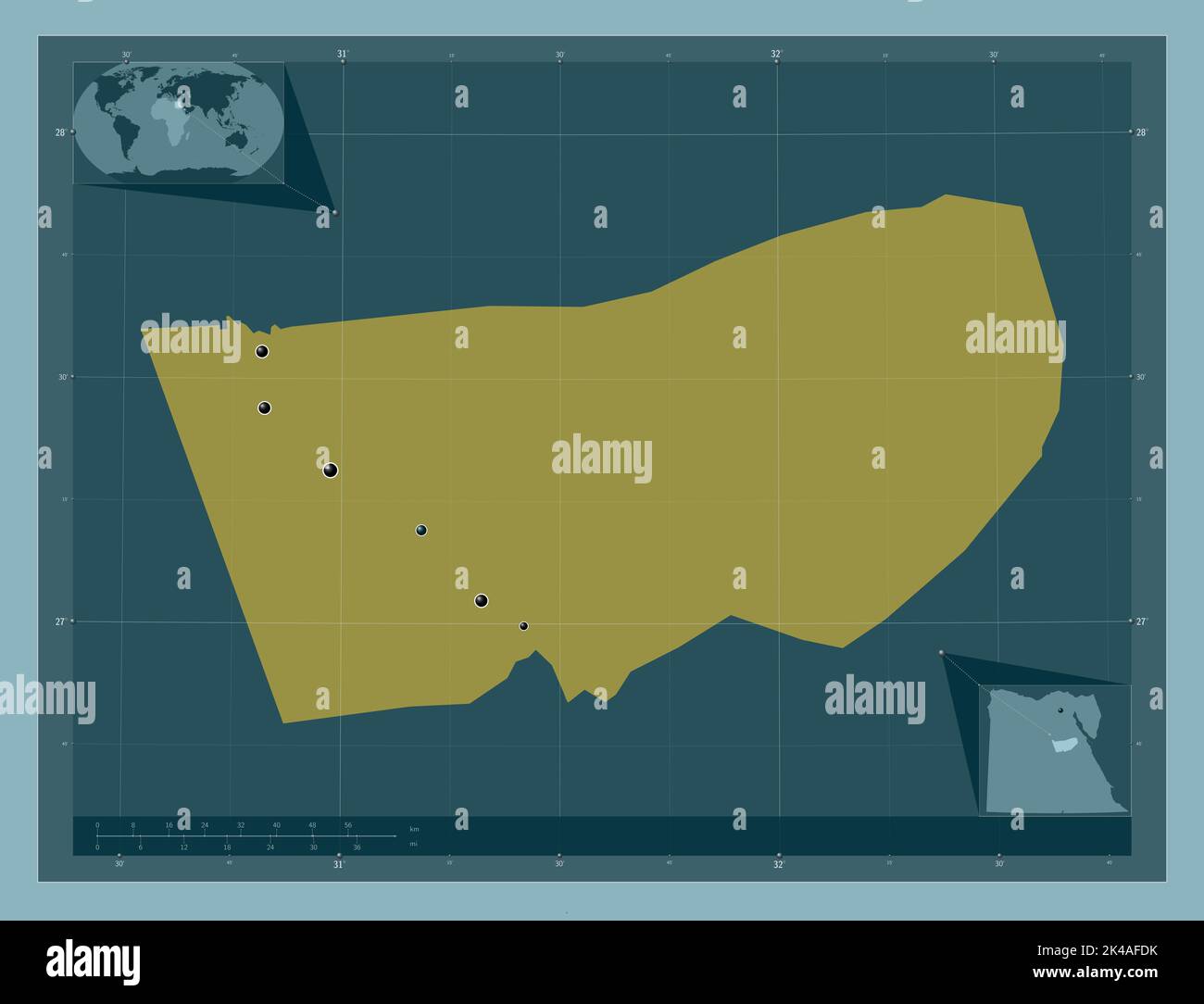 Asyut, governorate of Egypt. Solid color shape. Locations of major ...
