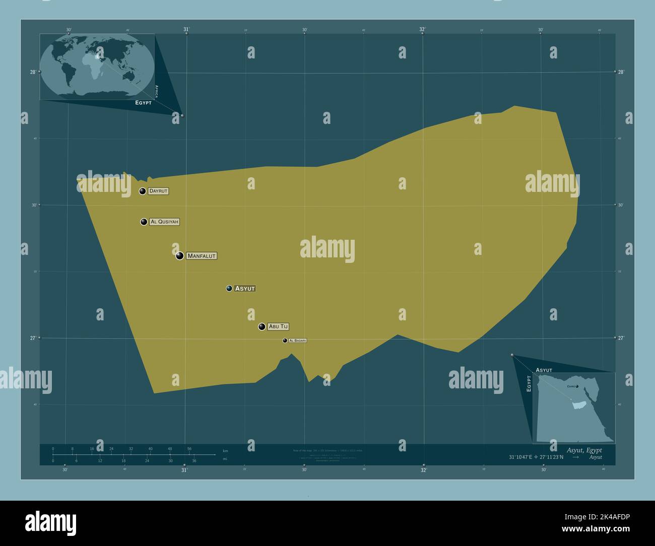 Asyut, governorate of Egypt. Solid color shape. Locations and names of ...