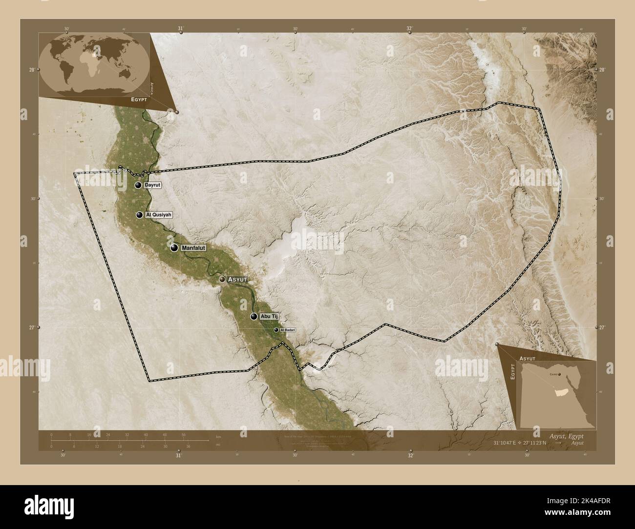 Asyut, governorate of Egypt. Low resolution satellite map. Locations and names of major cities ...