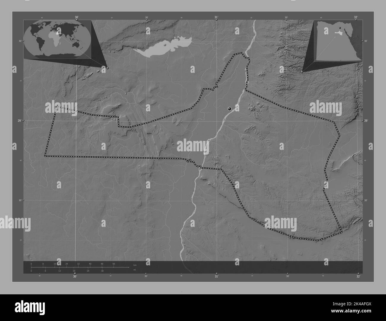 Bani Suwayf, governorate of Egypt. Bilevel elevation map with lakes and ...