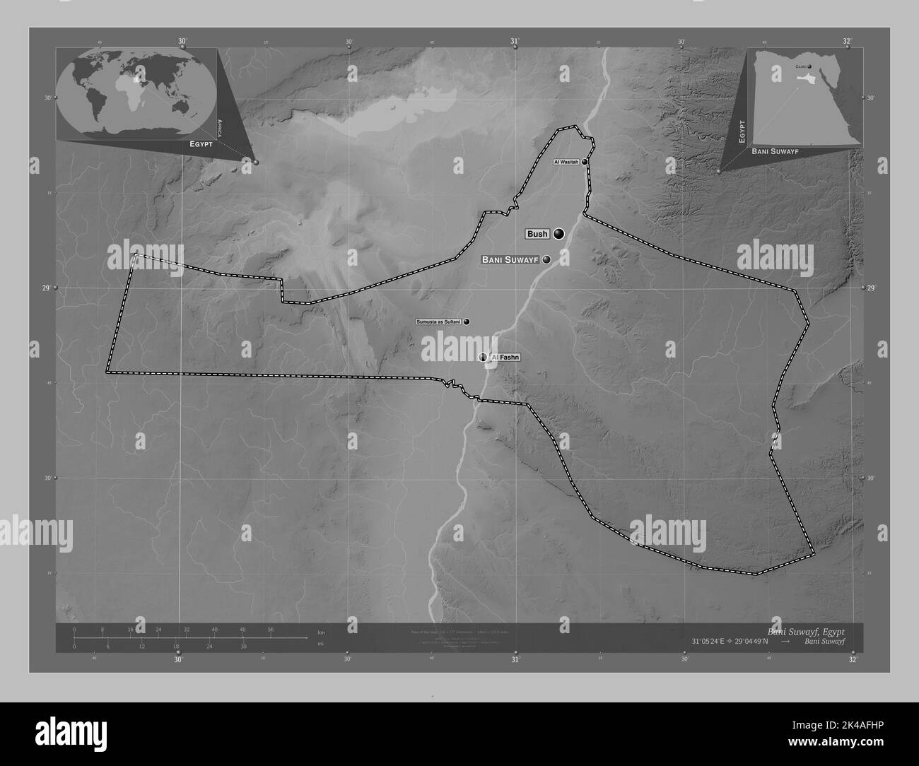 Bani Suwayf, governorate of Egypt. Grayscale elevation map with lakes ...