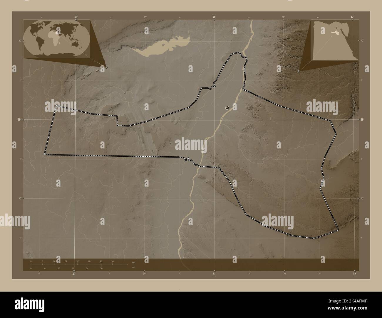 Bani Suwayf, governorate of Egypt. Elevation map colored in sepia tones with lakes and rivers ...