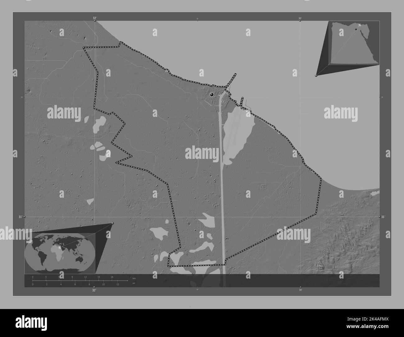 Bur Sa`id, governorate of Egypt. Bilevel elevation map with lakes and ...