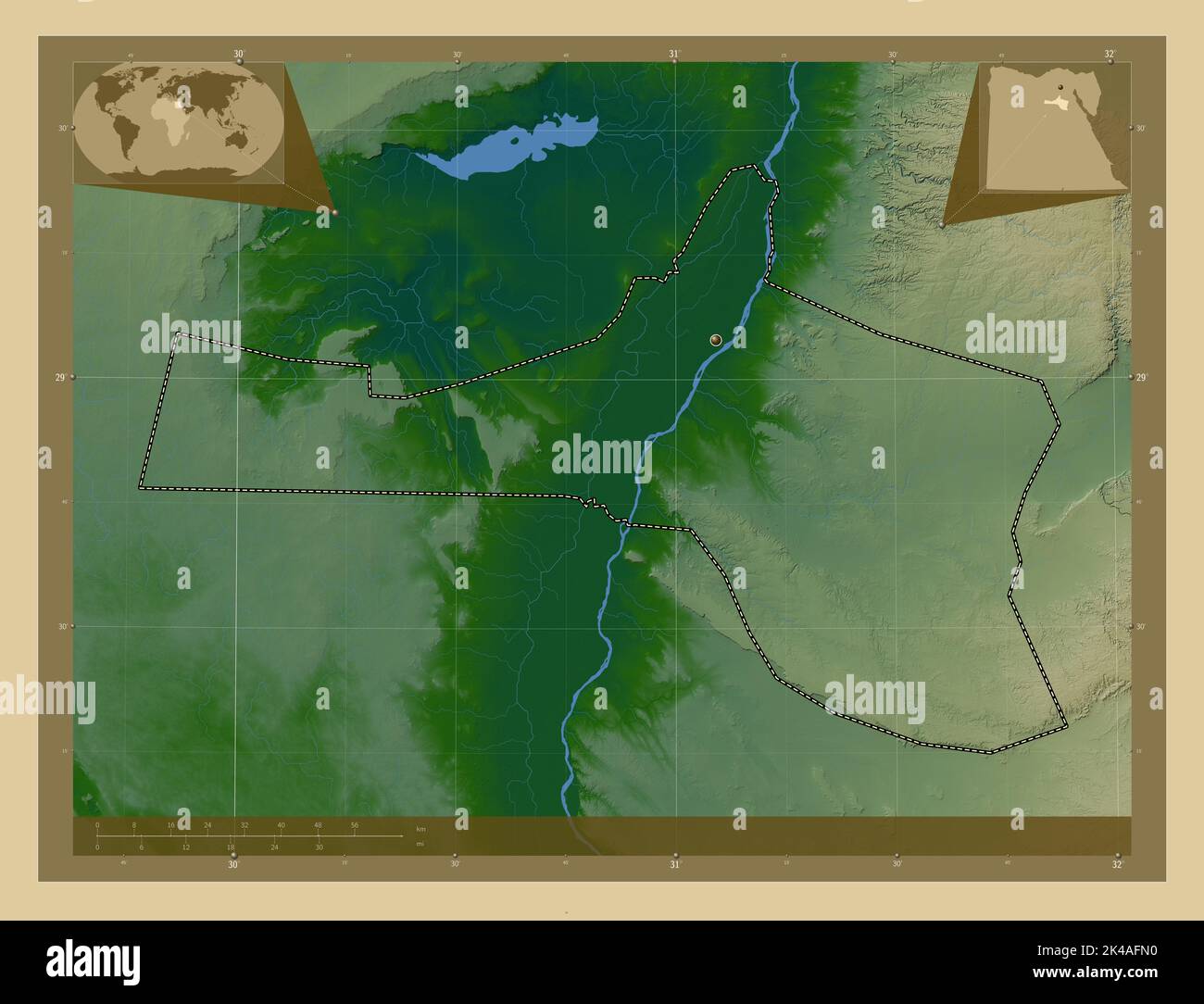 Bani Suwayf, governorate of Egypt. Colored elevation map with lakes and rivers. Corner auxiliary ...