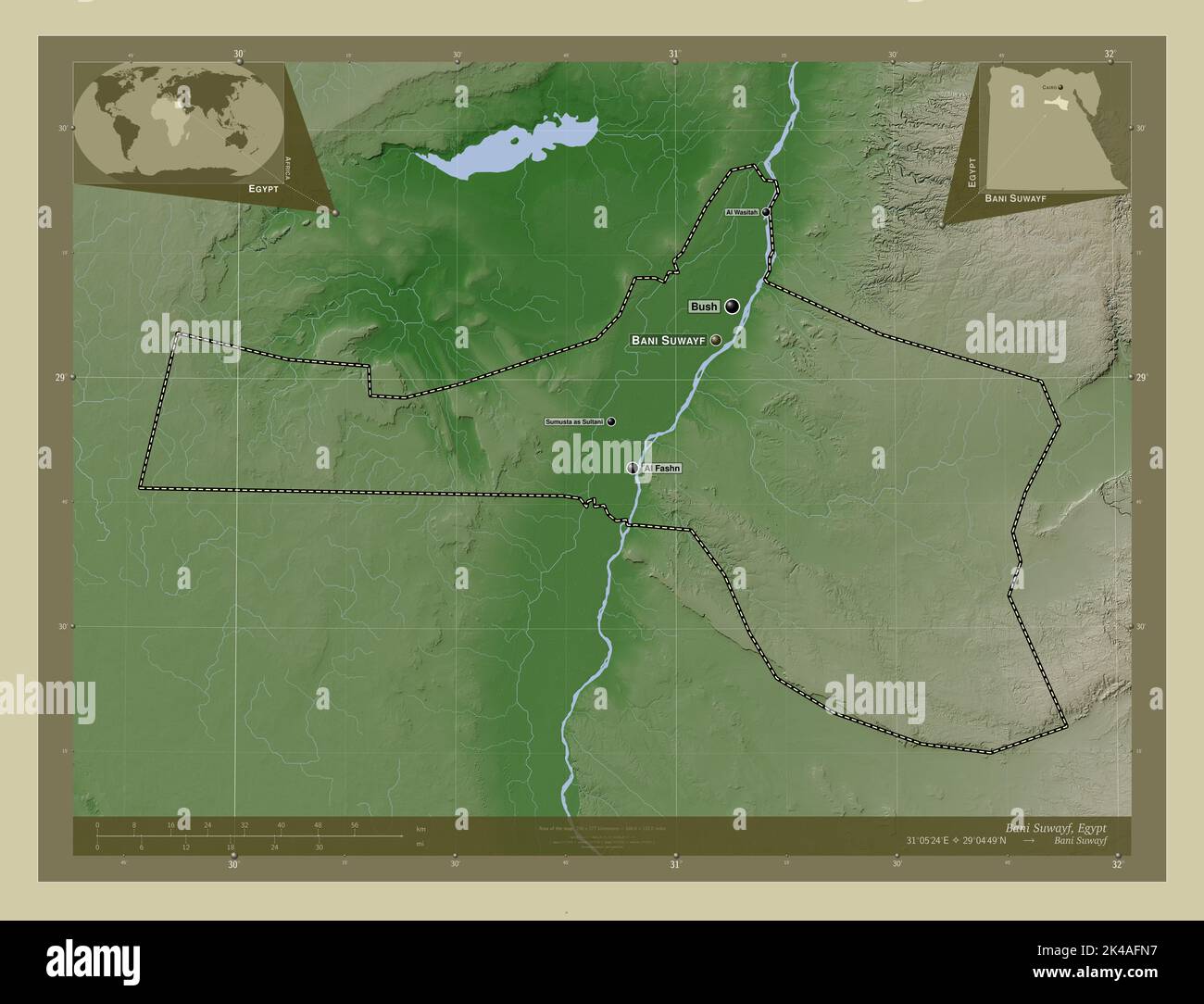Bani Suwayf, governorate of Egypt. Elevation map colored in wiki style ...