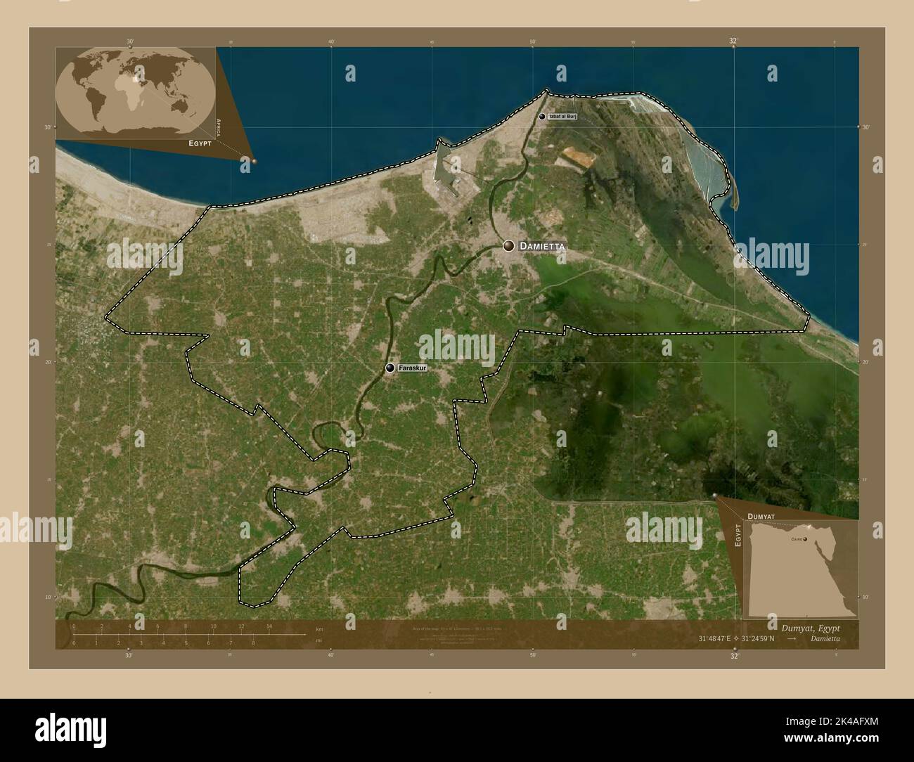 Dumyat, governorate of Egypt. Low resolution satellite map. Locations ...
