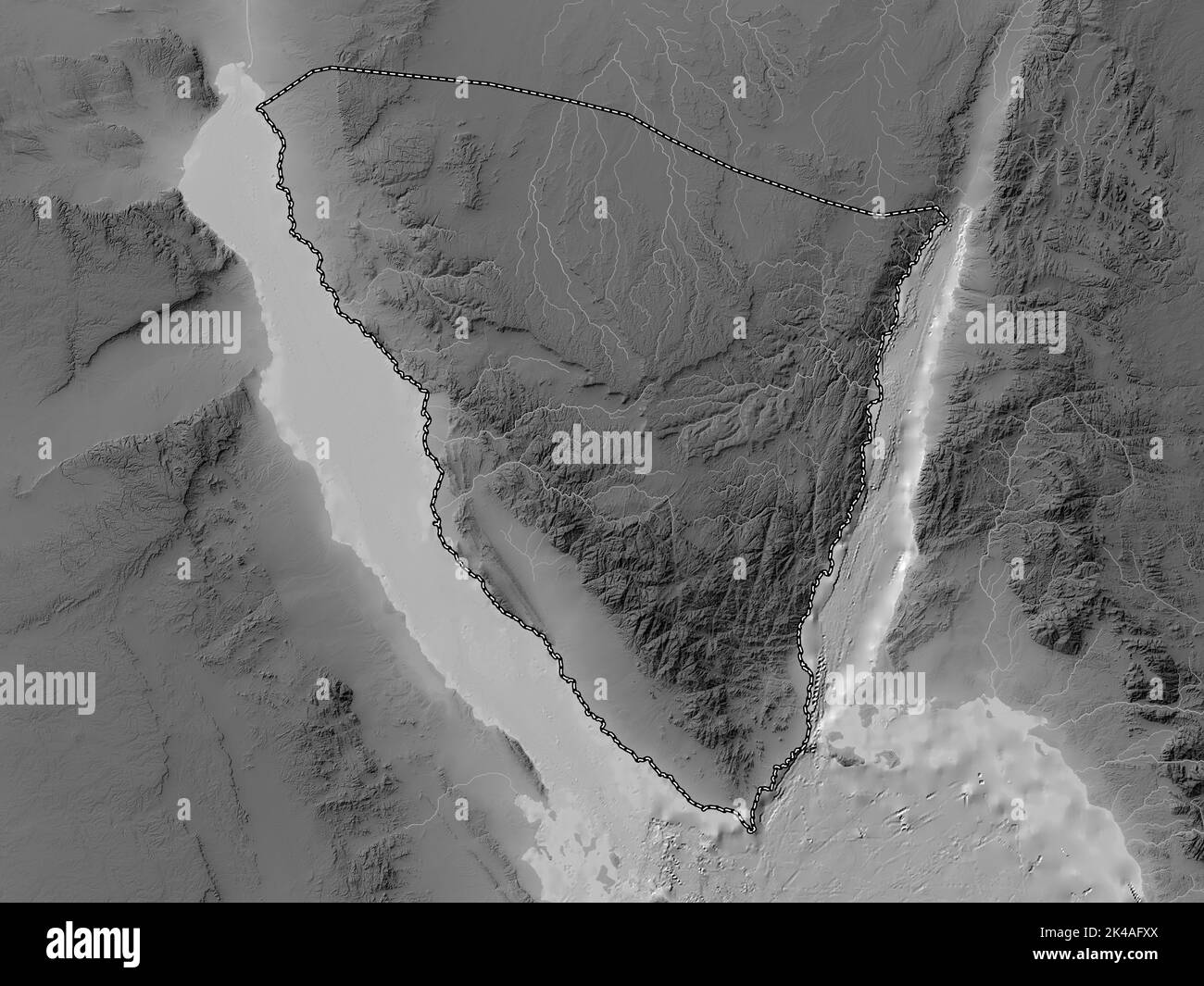 Janub Sina', governorate of Egypt. Grayscale elevation map with lakes ...