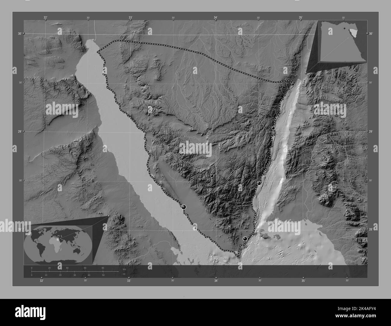 Janub Sina', governorate of Egypt. Bilevel elevation map with lakes and ...