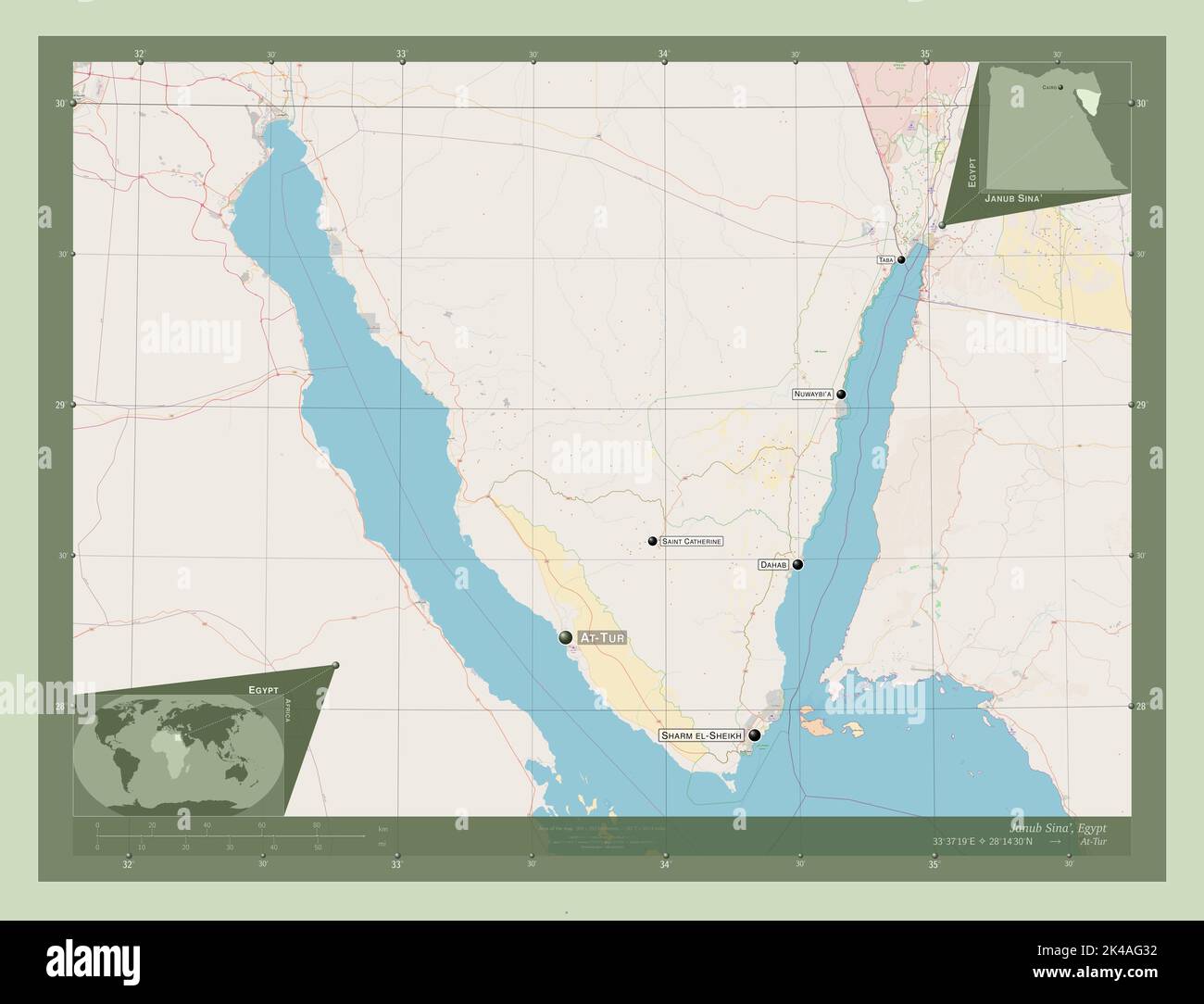 Janub Sina', governorate of Egypt. Open Street Map. Locations and names ...