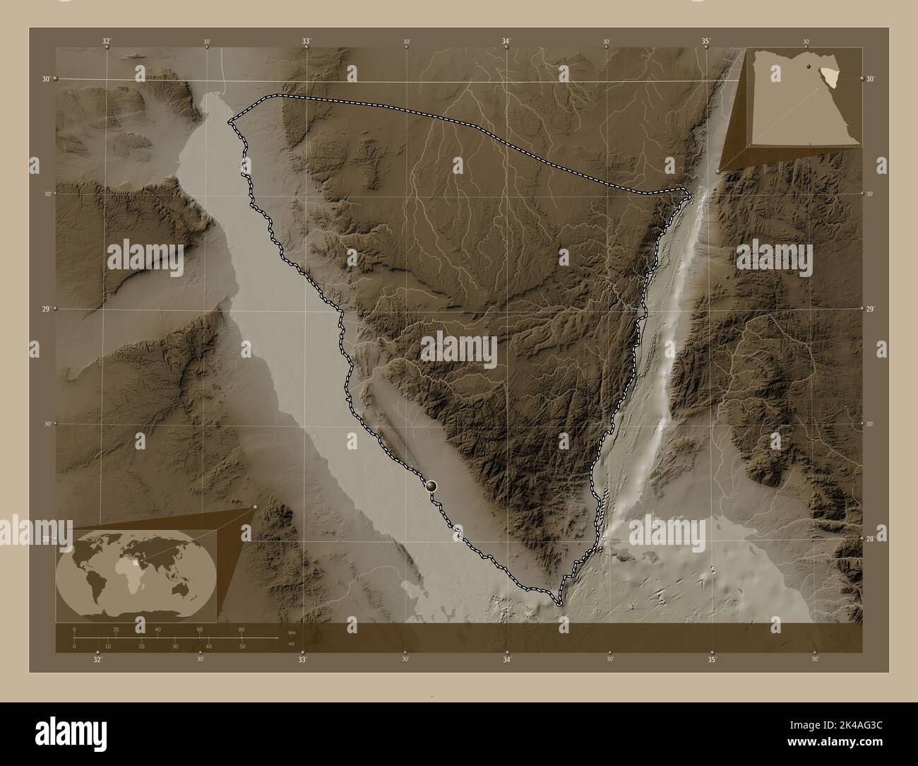 Janub Sina', governorate of Egypt. Elevation map colored in sepia tones ...