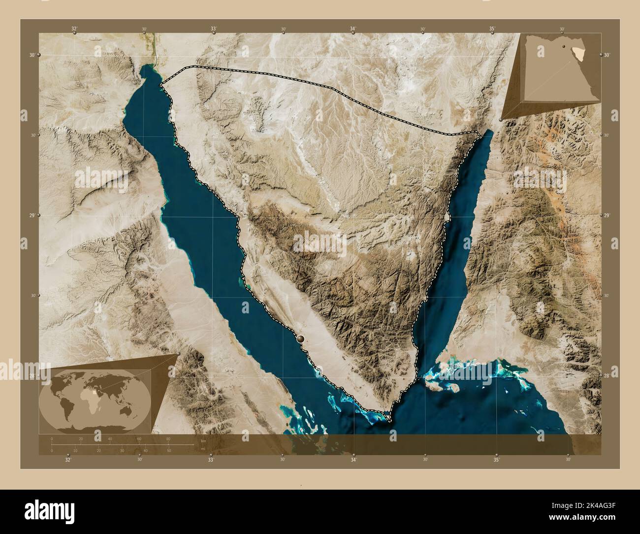 Janub Sina', governorate of Egypt. Low resolution satellite map. Corner ...