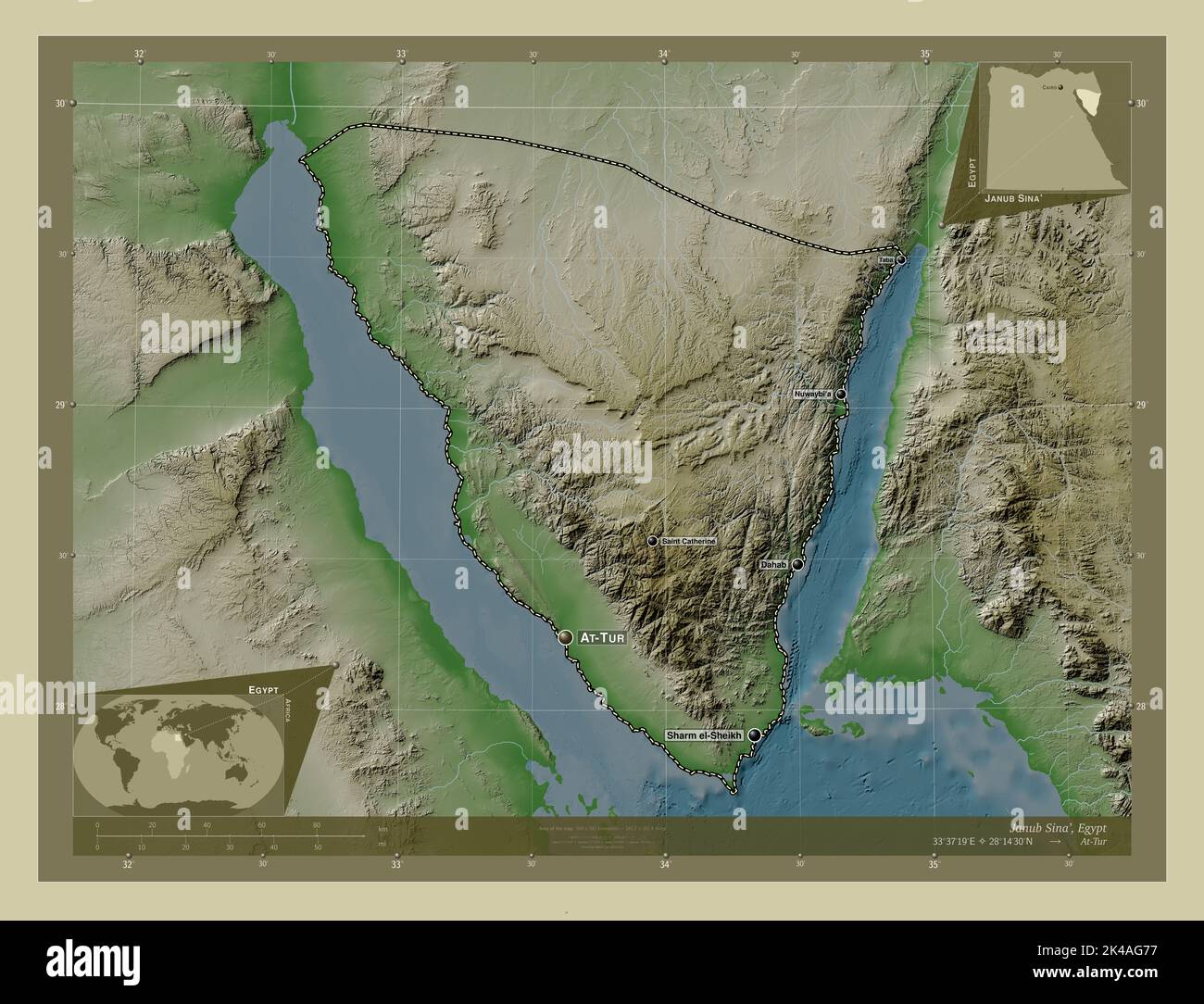 Janub Sina', governorate of Egypt. Elevation map colored in wiki style ...