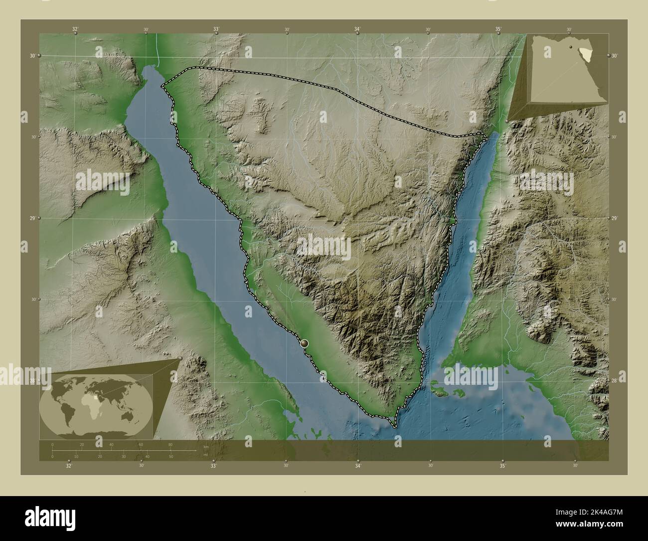 Janub Sina', governorate of Egypt. Elevation map colored in wiki style ...
