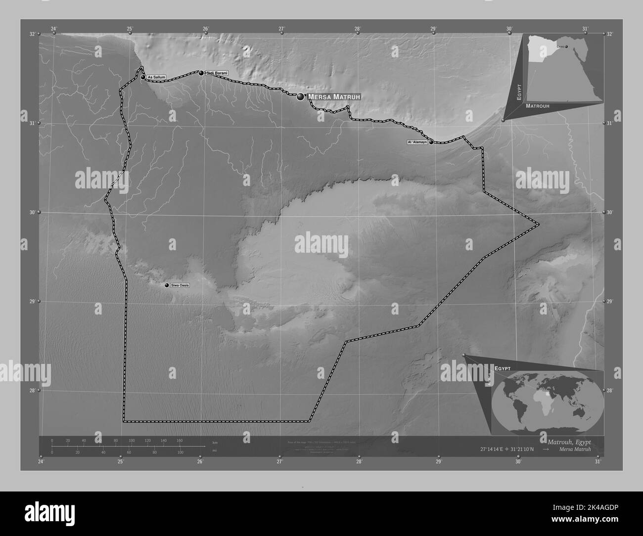 Matrouh, governorate of Egypt. Grayscale elevation map with lakes and ...