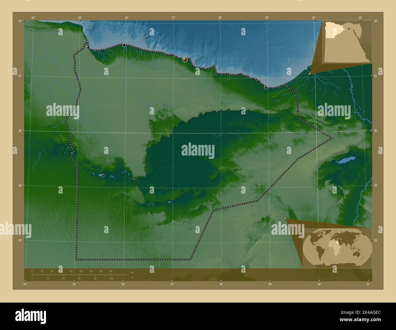Matrouh, governorate of Egypt. Colored elevation map with lakes and ...