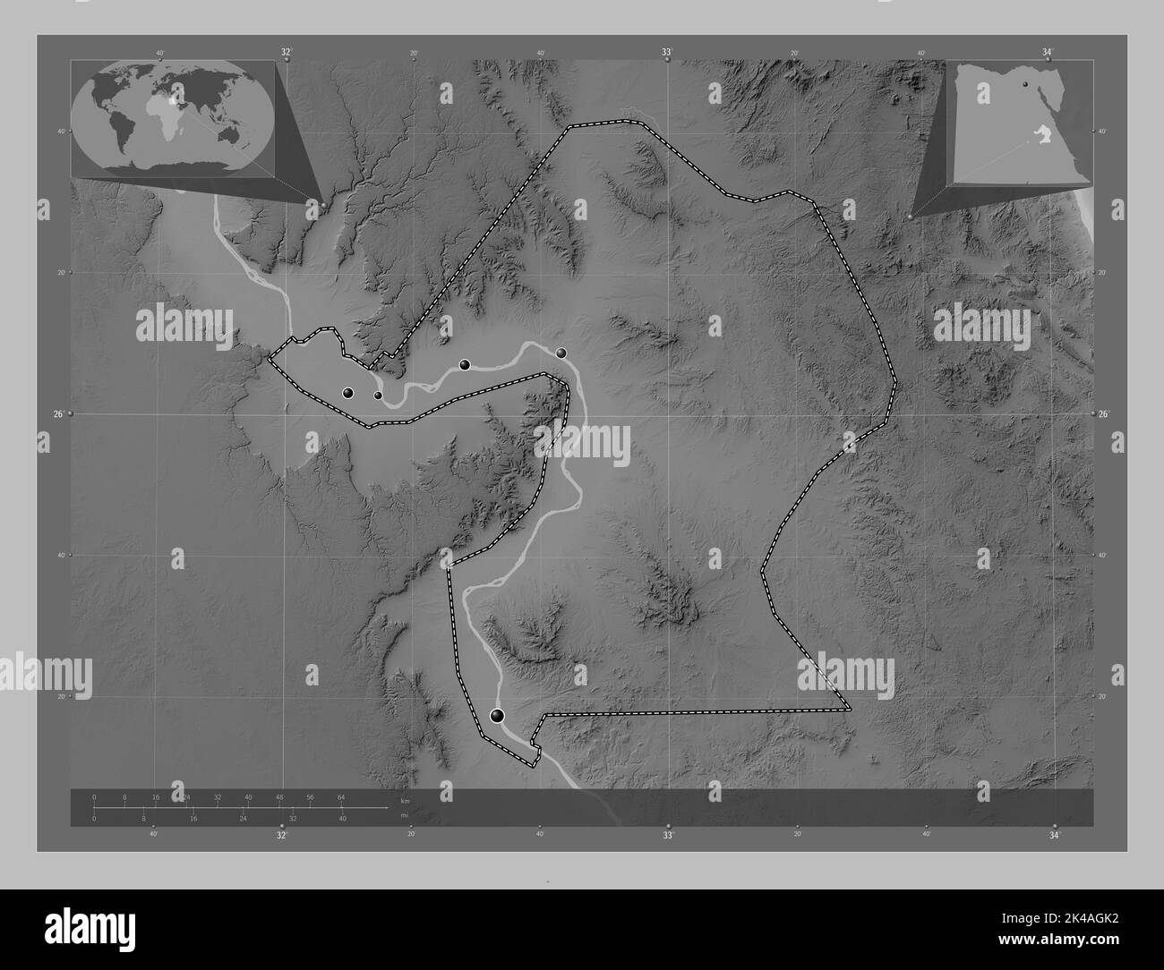 Qina, governorate of Egypt. Grayscale elevation map with lakes and ...