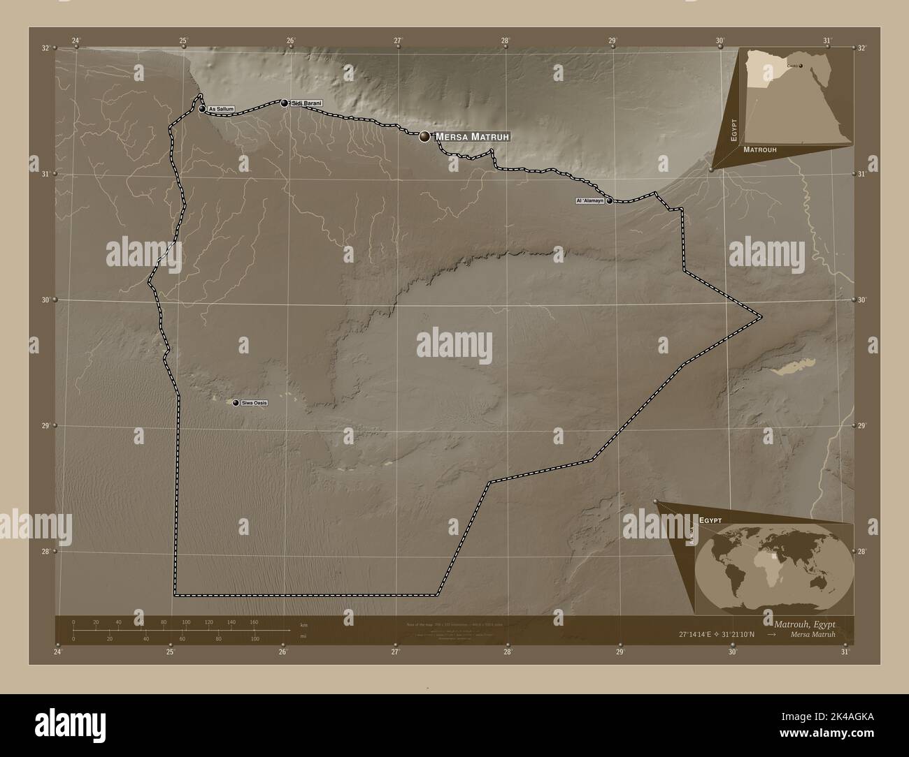 Matrouh, governorate of Egypt. Elevation map colored in sepia tones ...