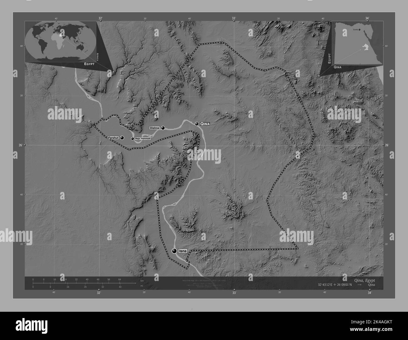 Qina Governorate Of Egypt Bilevel Elevation Map With Lakes And Rivers Locations And Names Of