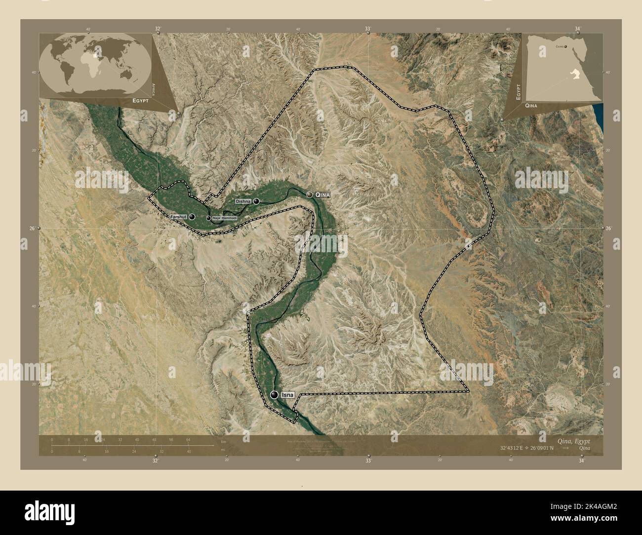 Qina, governorate of Egypt. High resolution satellite map. Locations ...