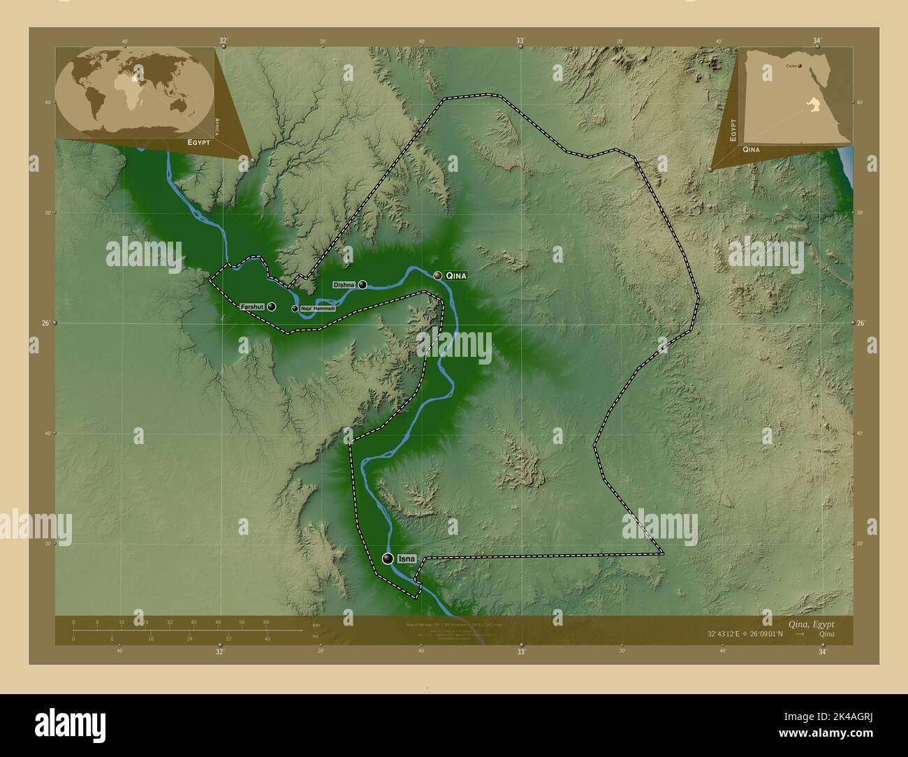 Qina, governorate of Egypt. Colored elevation map with lakes and rivers ...