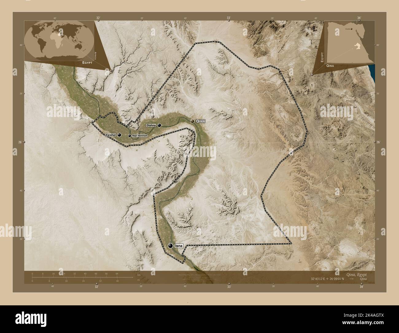 Qina, governorate of Egypt. Low resolution satellite map. Locations and ...