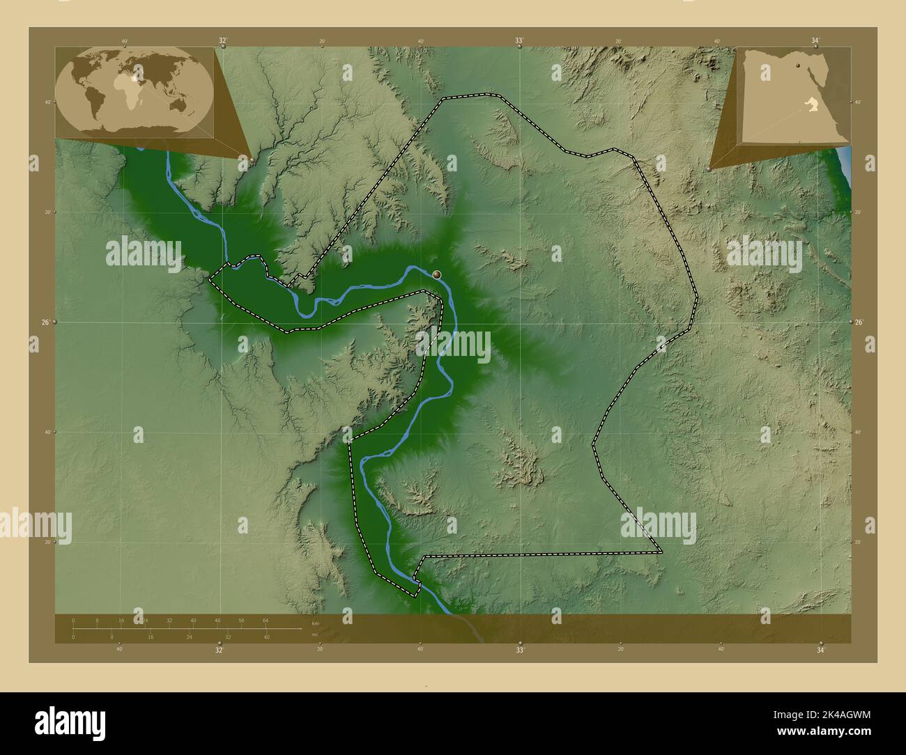 Qina, governorate of Egypt. Colored elevation map with lakes and rivers ...