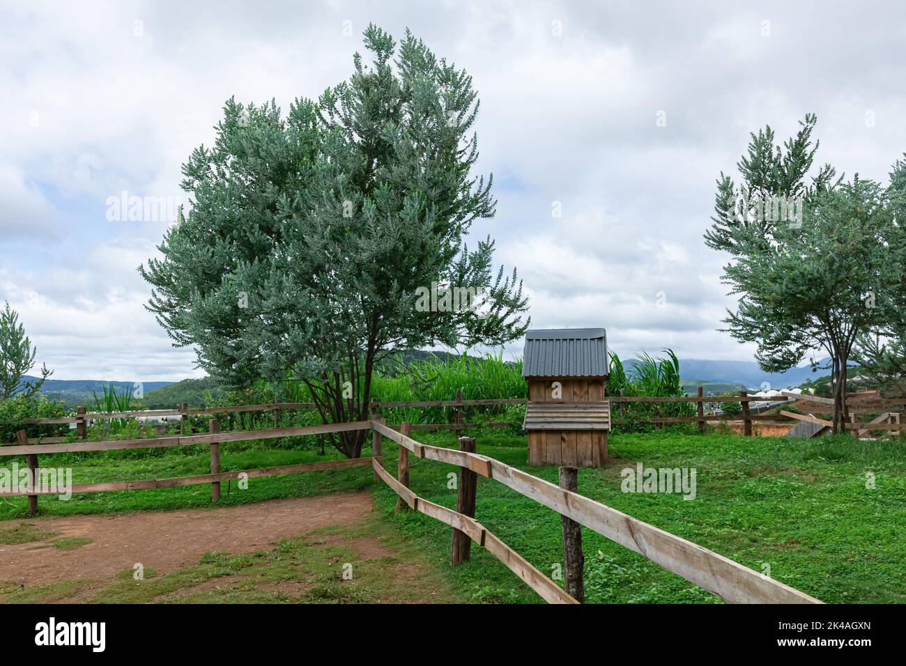 Farm with wooden fence, shade umbrella and green grass Stock Photo - Alamy