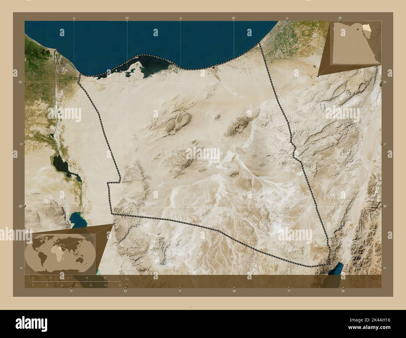 Shamal Sina', governorate of Egypt. Low resolution satellite map ...