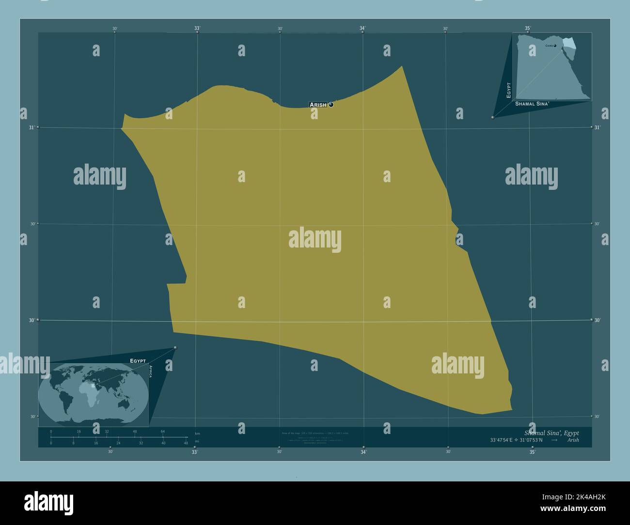 Shamal Sina', governorate of Egypt. Solid color shape. Locations and ...