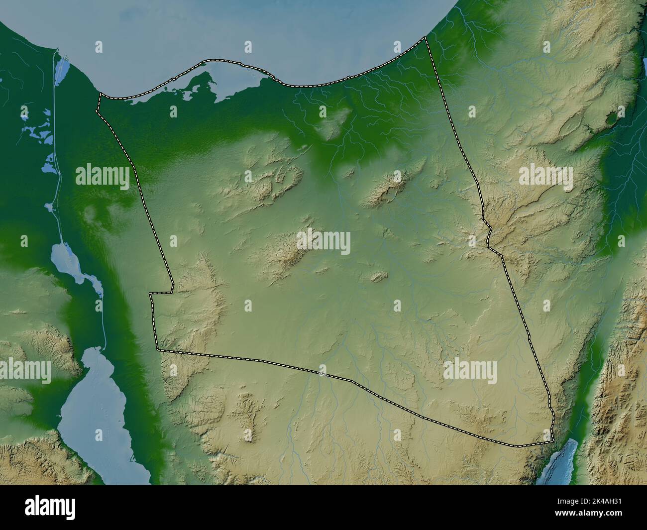 Shamal Sina', governorate of Egypt. Colored elevation map with lakes ...