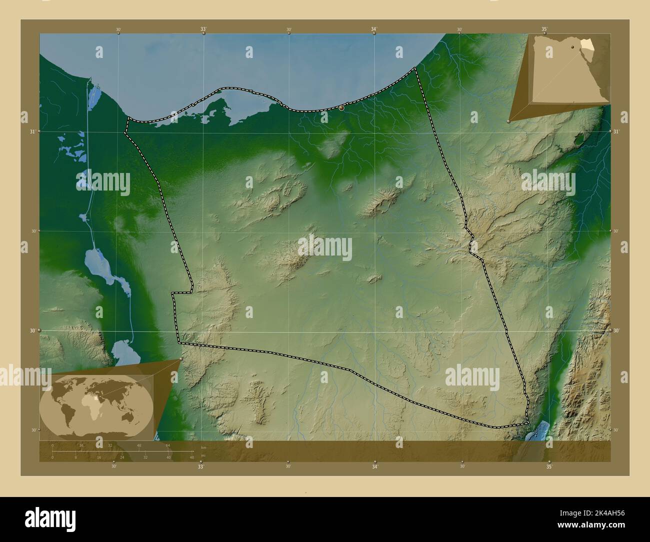 Shamal Sina', governorate of Egypt. Colored elevation map with lakes ...