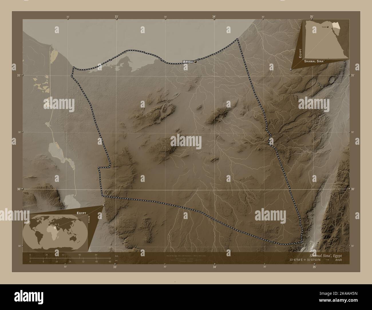Shamal Sina', governorate of Egypt. Elevation map colored in sepia ...