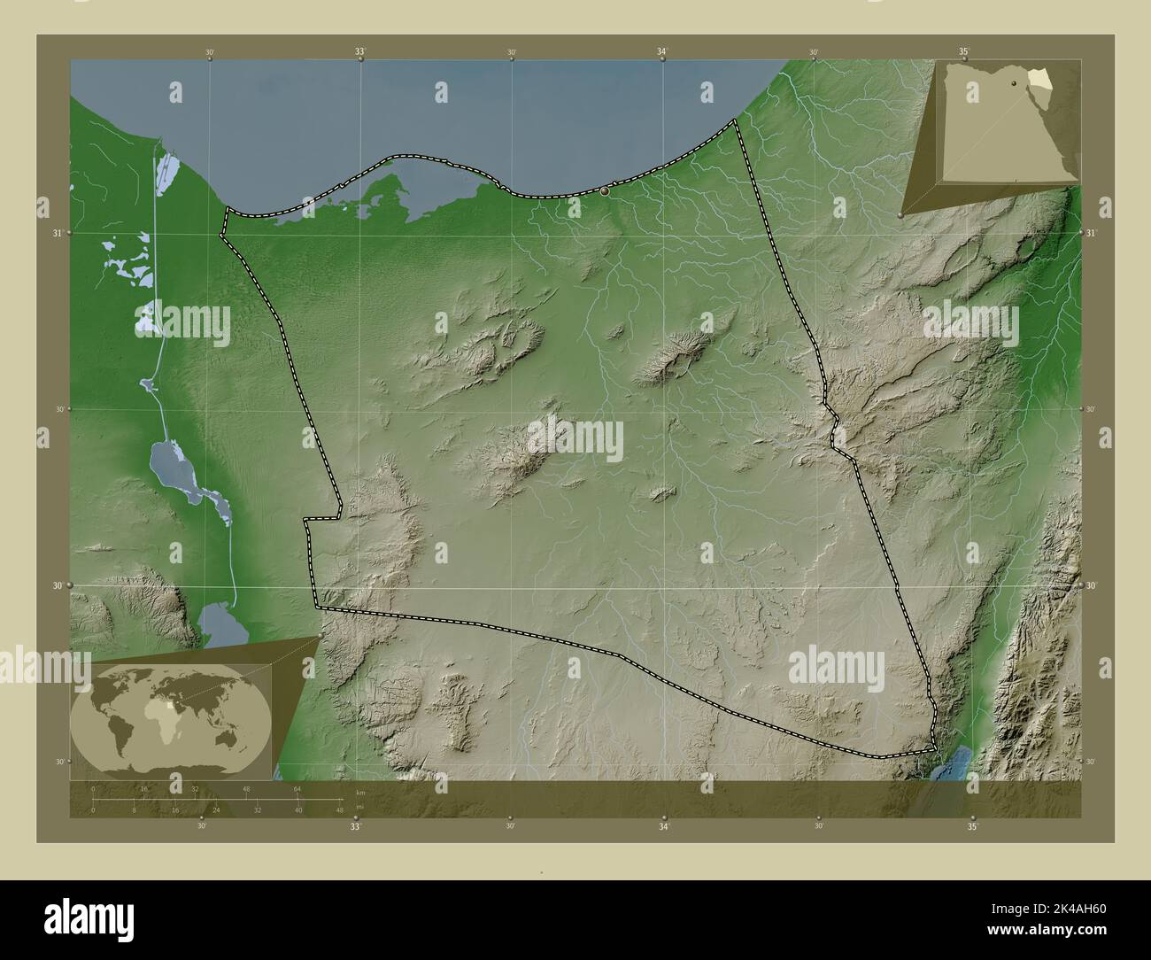 Shamal Sina', governorate of Egypt. Elevation map colored in wiki style ...