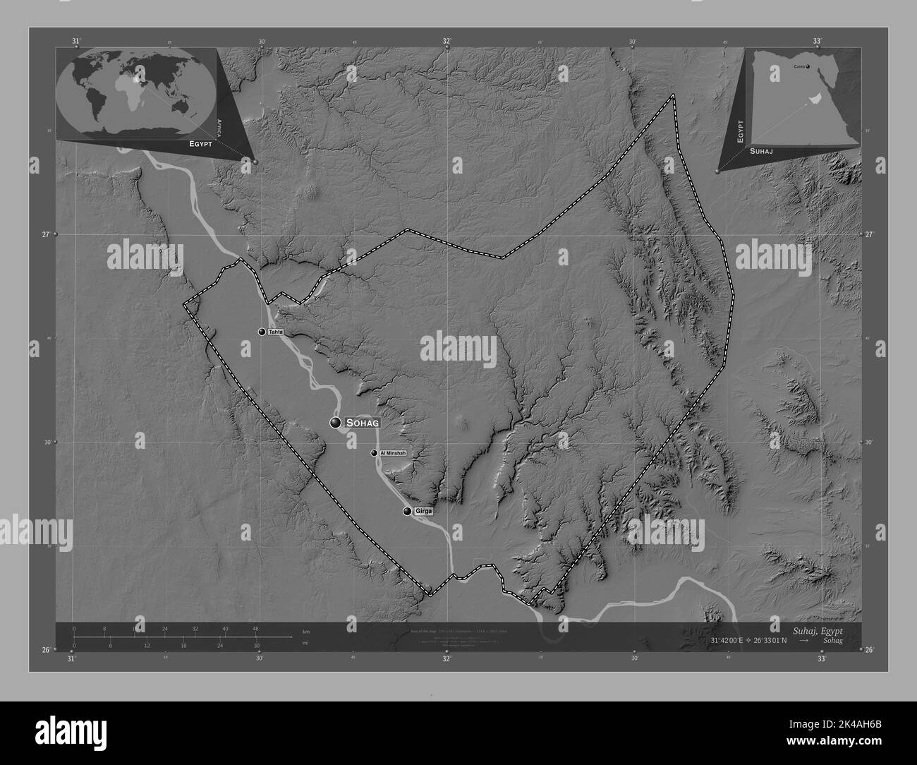 Suhaj, governorate of Egypt. Bilevel elevation map with lakes and ...